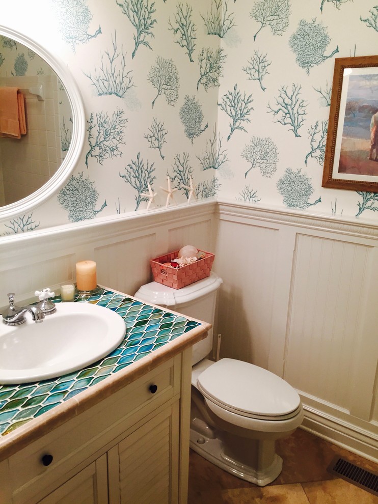 Custom Bathroom with White Wainscoting and wallpaper - Beach Style ...