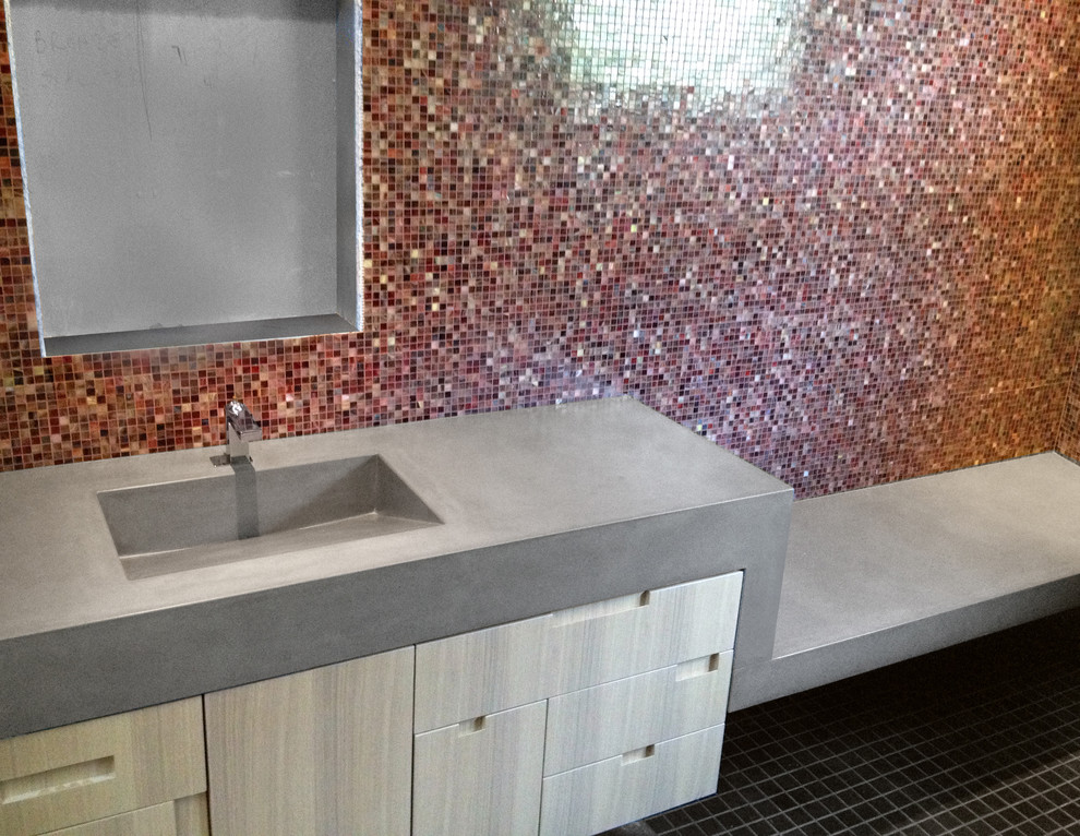 Custom Concrete Bathroom Vanity Sink and Floating Shower Bench - Modern ...