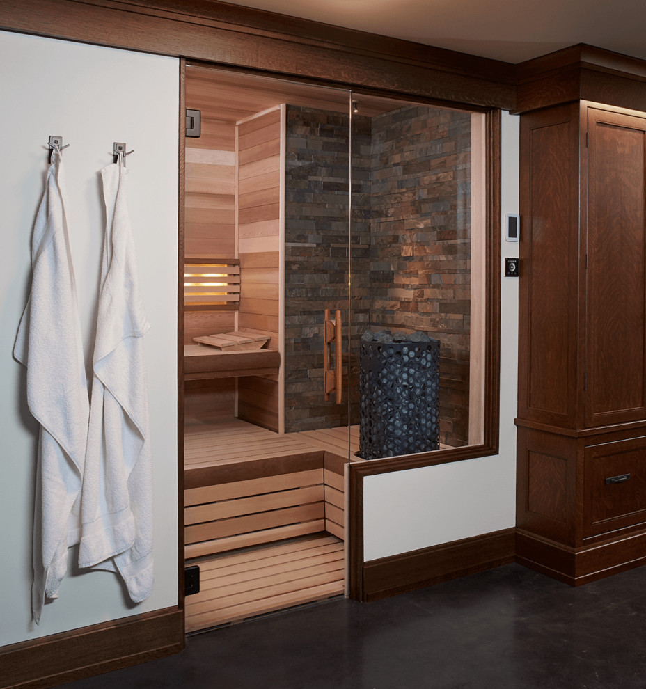 Custom Finnleo Sauna with Himalaya Heater and Stone Wall - Modern - Bathroom - Detroit - by ...