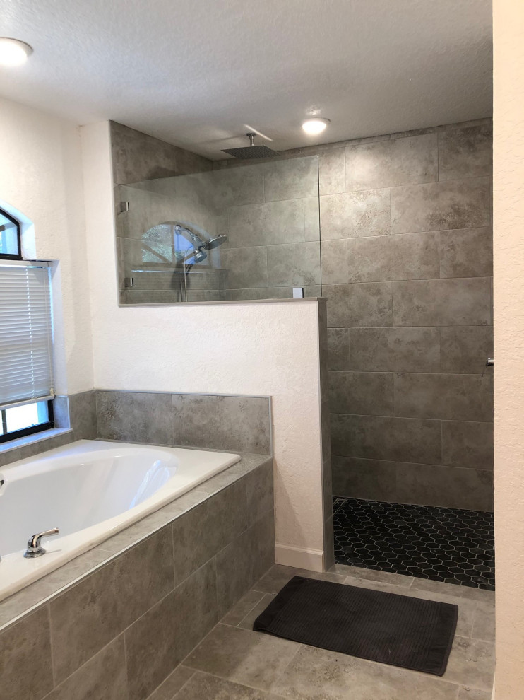 Custom zero entry, ceiling mounted shower head and linear drain ...