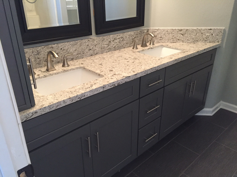 Dark grey shaker bathroom vanity with quartz countertops - Beach Style ...