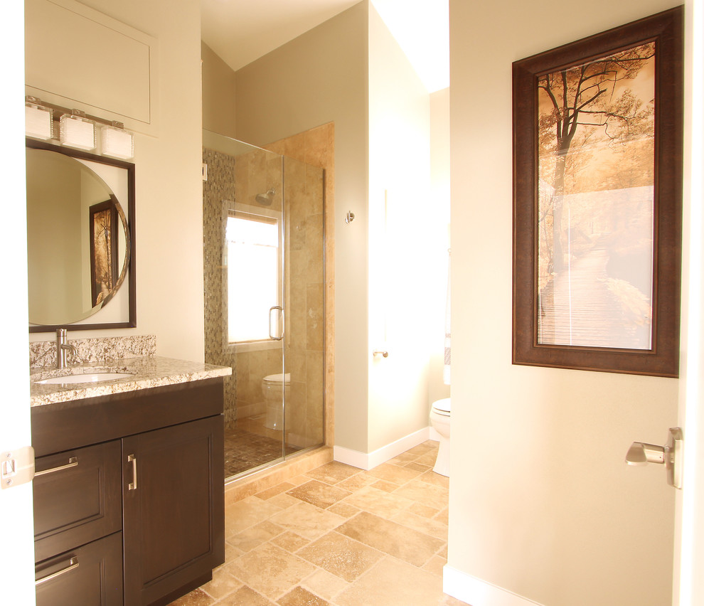 Dark Stained Vanity with Natural Stone and Glass Tile - Fusion ...