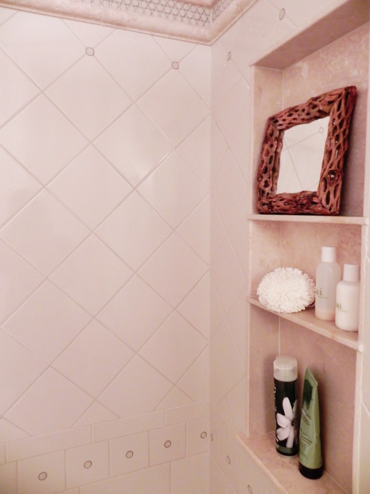 diagonal diamond tile penny border travertine shower niche neutral ...