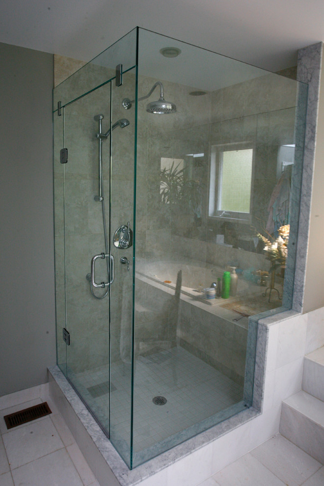 Frameless Corner Shower With Glass Header Support Panel - Modern ...