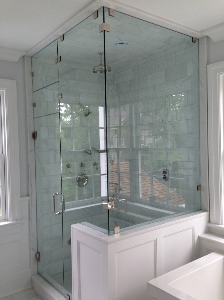 Full Height Glass Shower Enclosure with 2 Transoms and Pony Wall ...