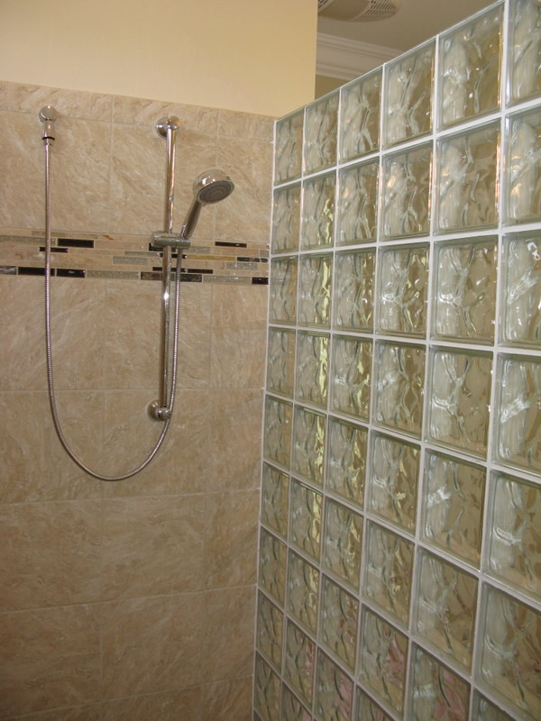 Glass block prefabricated shower wall and ceramic tile shower enclosure ...