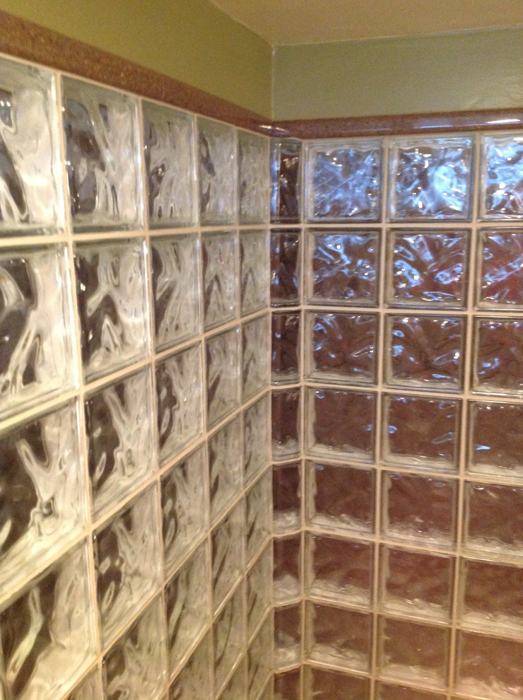 Glass block shower wall in a basement rec room shower - Traditional ...