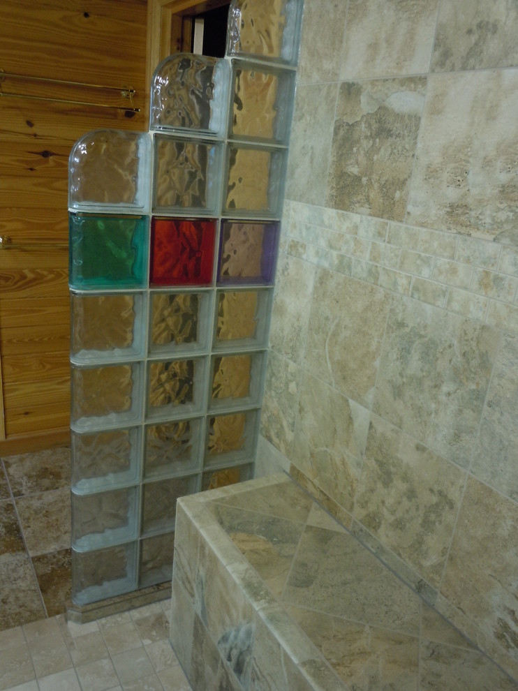 Glass block shower with colored blocks in collins georgia - Rustic ...