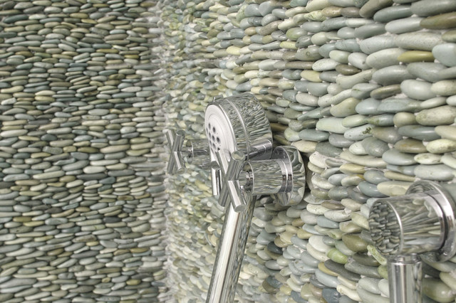 Stacked Pebble Tiles In Bathroom Natural Stone Bathroom Walls | Stone