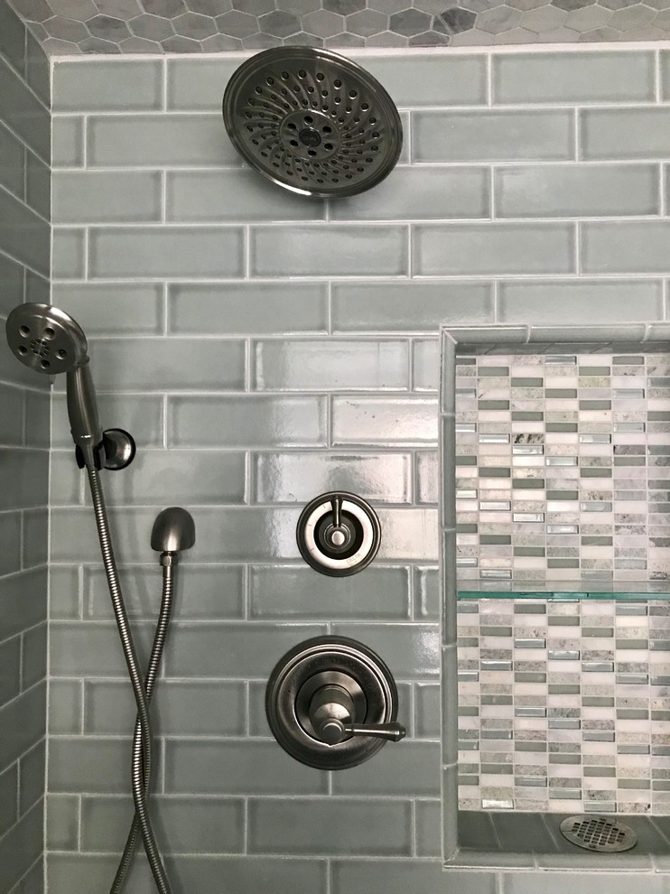 Handmade Gray Subway Tile Shower with Recessed Shelf - Traditional ...