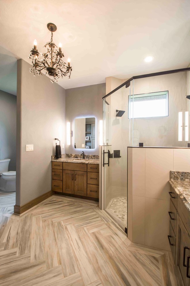 His Vanity with Drawer Storage and Metal Trim Glass Enclosed Shower ...