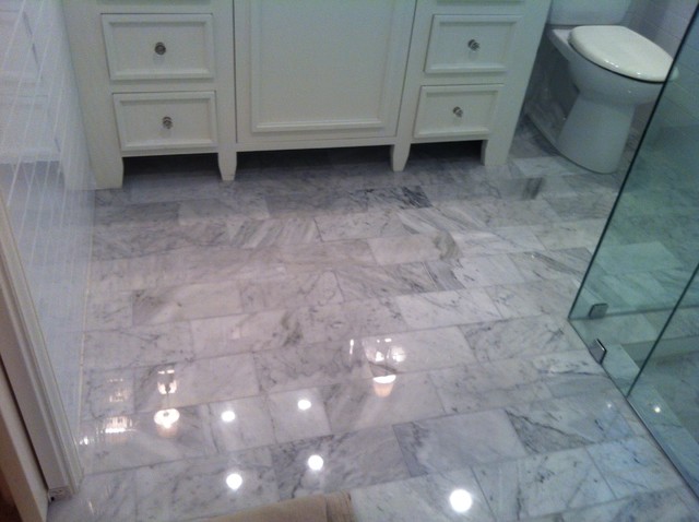 Jack & Jill bath converted to sleek marble restroom & shower ...