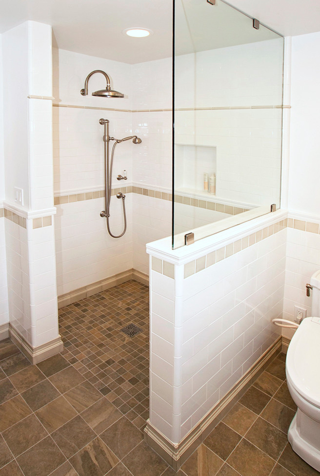 Level Entry Shower with White Tile & Rain Shower HEad - Traditional ...