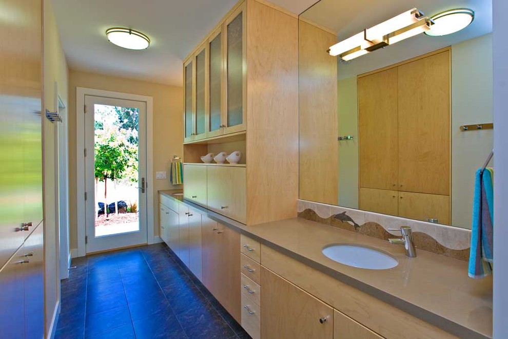 Long and narrow bathroom, double sinks, leads to pool, Bay Area ...