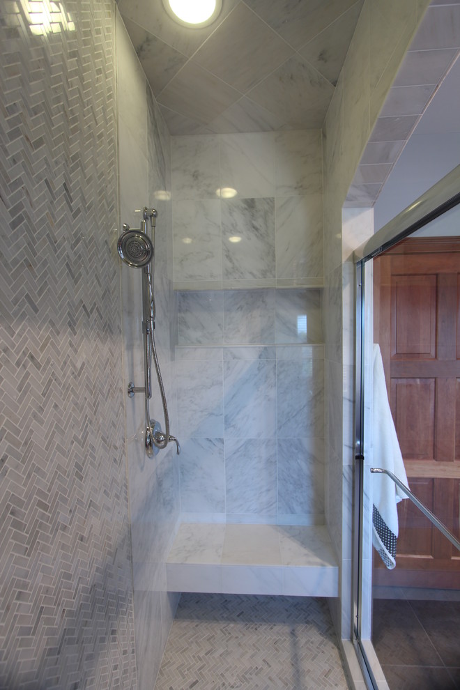 Long shampoo shelf with tiled bench. - Transitional - Bathroom - Other ...