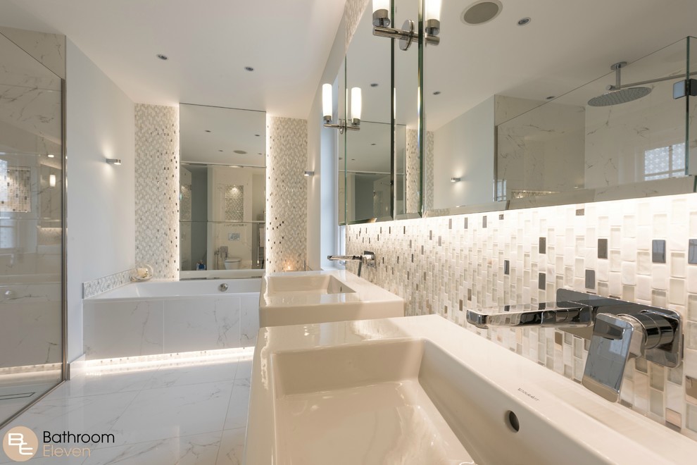 Luxury White Master Bathroom in Esher featuring Marble Tiles, Tiled ...