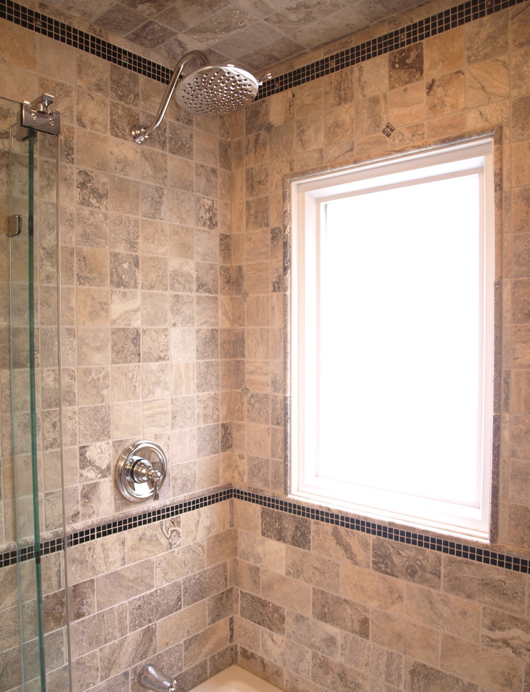 Marble Tiled Shower with Chrome Shower Fixtures - Traditional ...