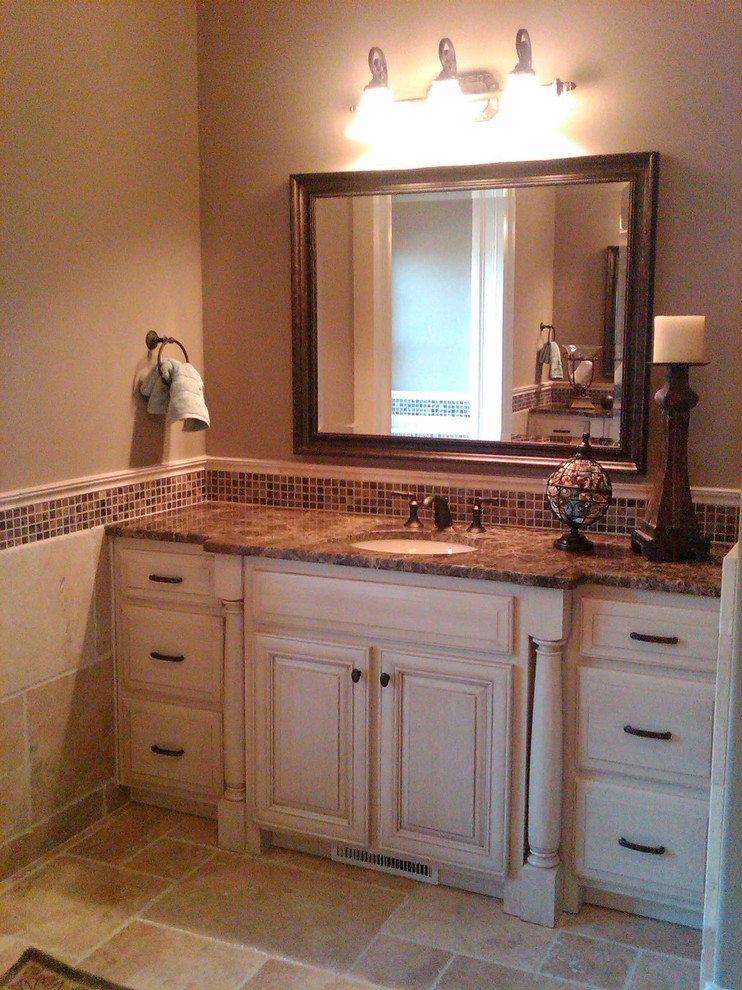 Master Bath Vanity with Travertine Wainscoting - Traditional - Bathroom ...