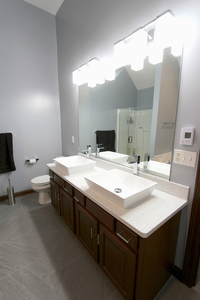 Master Bath with Cambria Whitney Quartz and Rectangle Vessel Sink ...