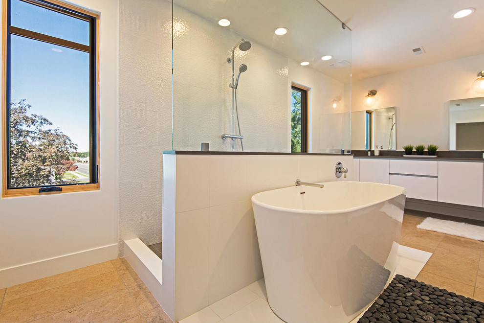 Master Bath with Freestanding Bathtub and Locker-Room Style Shower ...