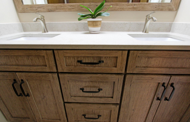 Master Bath with Knotty Alder Vanity and Updated Surround Around Tub ...