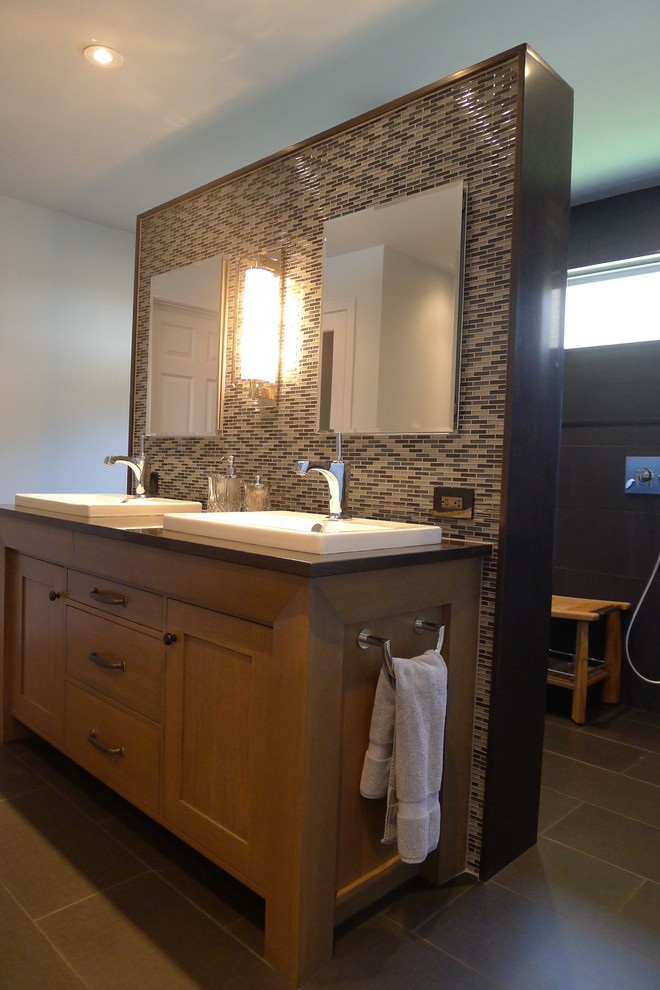 Master Bathroom floating wall. - Transitional - Bathroom - Indianapolis ...
