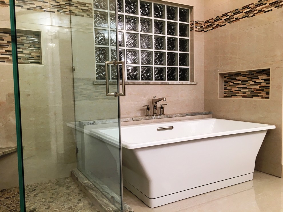 MASTER BATHROOM - Free Standing Tub / Crema Marfil Tile / White Reef ...