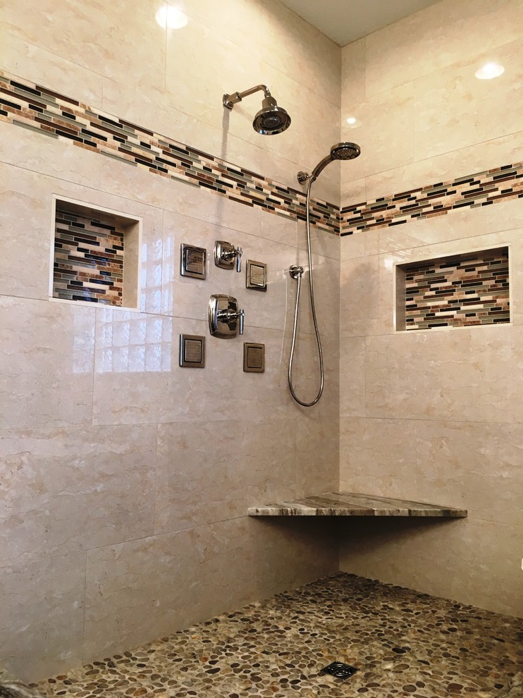 MASTER BATHROOM - Free Standing Tub / Crema Marfil Tile / White Reef ...