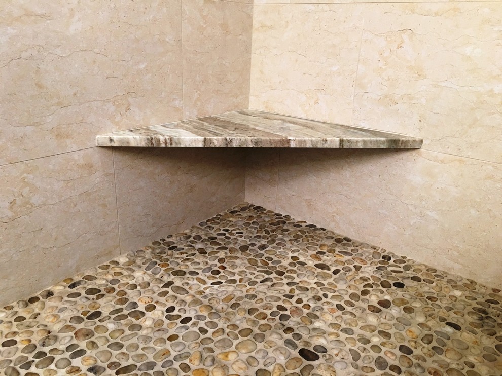 MASTER BATHROOM - Free Standing Tub / Crema Marfil Tile / White Reef ...