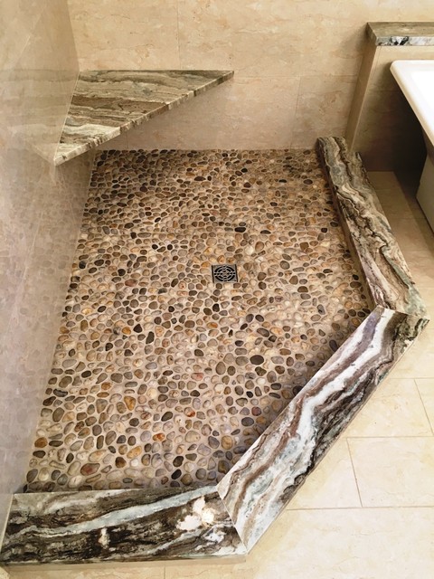 MASTER BATHROOM - Free Standing Tub / Crema Marfil Tile / White Reef ...
