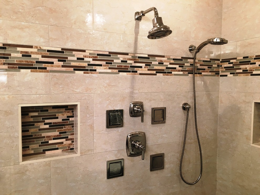 MASTER BATHROOM - Free Standing Tub / Crema Marfil Tile / White Reef ...