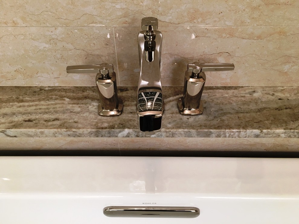 MASTER BATHROOM - Free Standing Tub / Crema Marfil Tile / White Reef ...