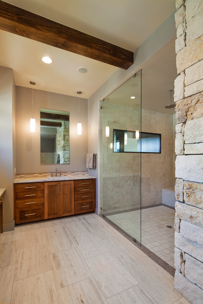 Master bathroom glass shower exposed beams - Mediterranean - Bathroom ...