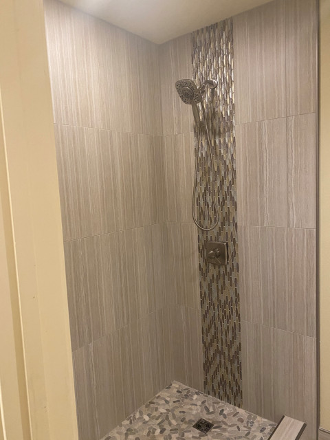 Master Bathroom Tub To Shower 12 X 24 Gray Porcelain Tile Vertically Aligned Contemporary 