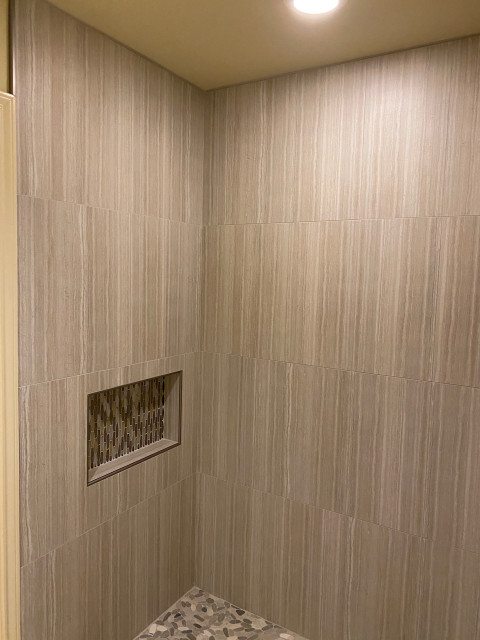 Master Bathroom Tub To Shower 12 X 24 Gray Porcelain Tile Vertically Aligned Contemporary