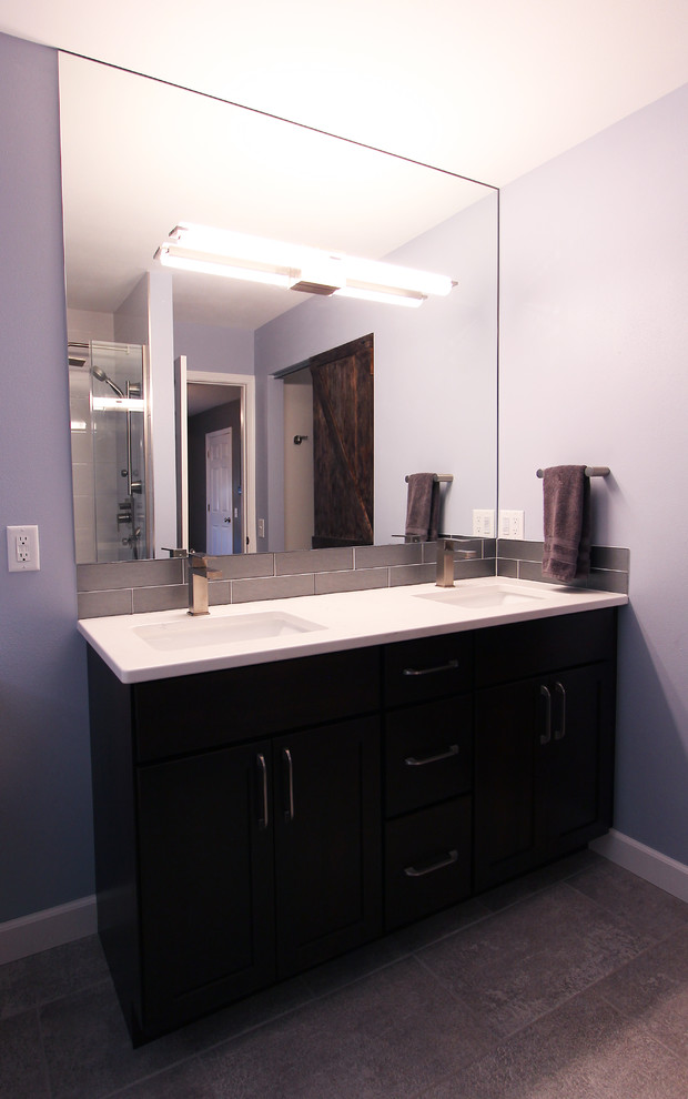 Master Bathroom with Dark Stained Vanity and Walk in Shower - Rustic ...