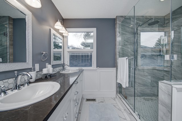 Master bathroom with custom shower enclosure freestanding tub and wainscot pane Method Residential Design Houzz