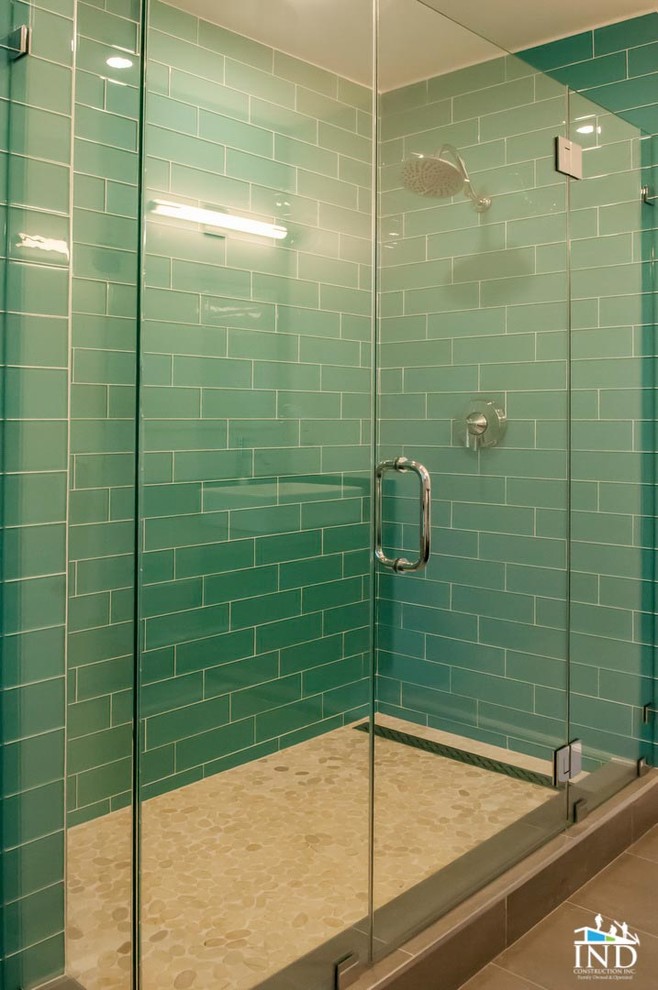 Master Shower - Turquoise Brick Tile, and White Pebble Floor. - Modern ...