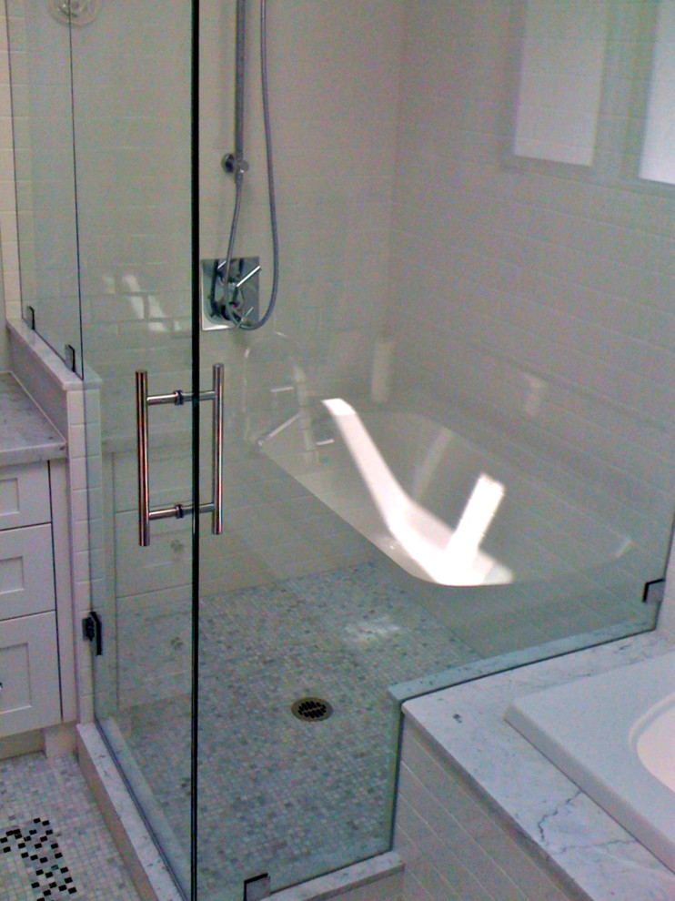 Medium Sized 90 Degree Frameless Shower With Marble Greater Vancouver