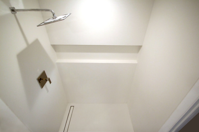 Minimalist White Bathroom - Neolith XL Porcelain tile slab/panel shower ...