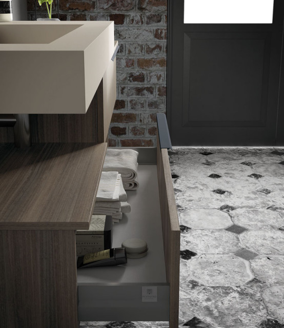 Modern asymmetrical bathroom vanity with beige countertop - Modern ...