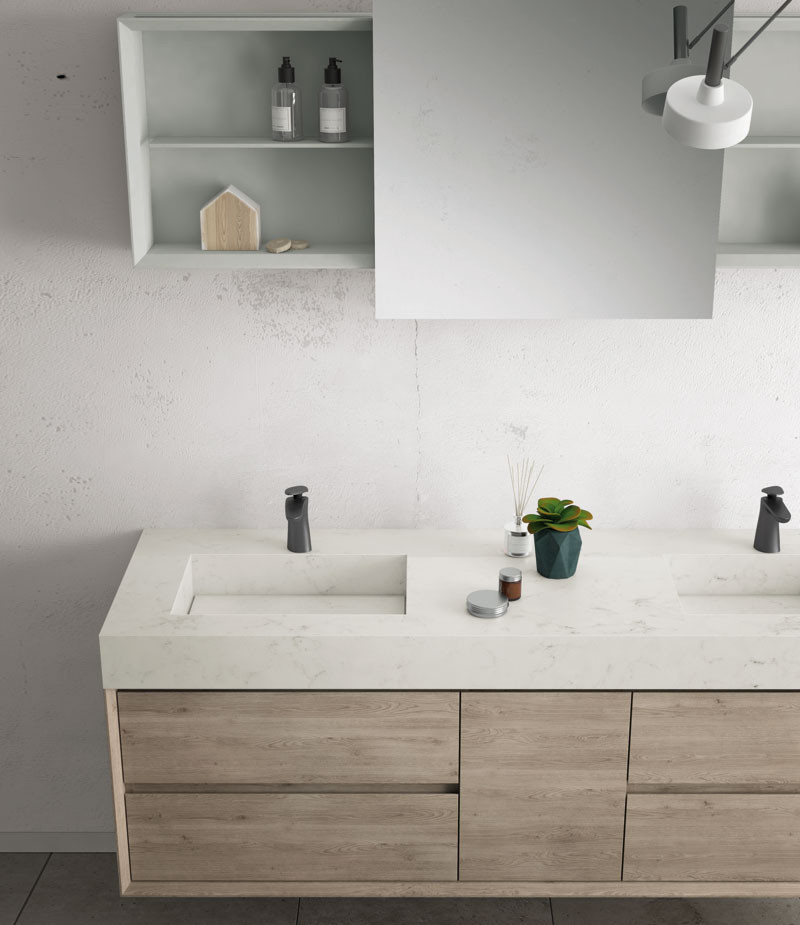 Modern bathroom vanity with soft wood tone and thick counter - Moderno ...