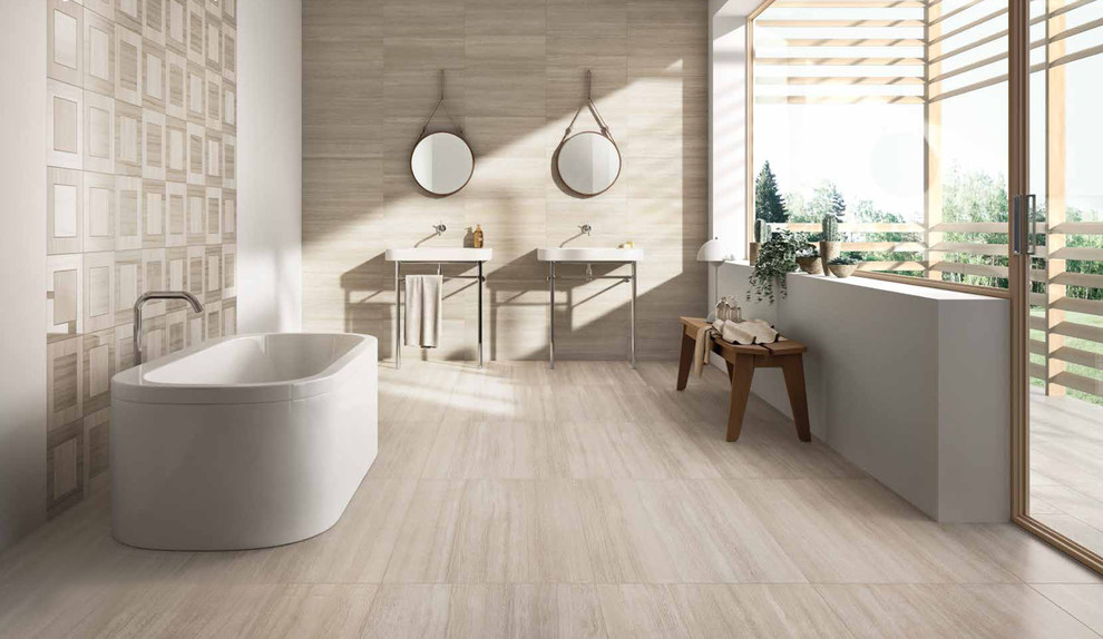 Modern bathroom with marble look porcelain tile on floors and walls ...