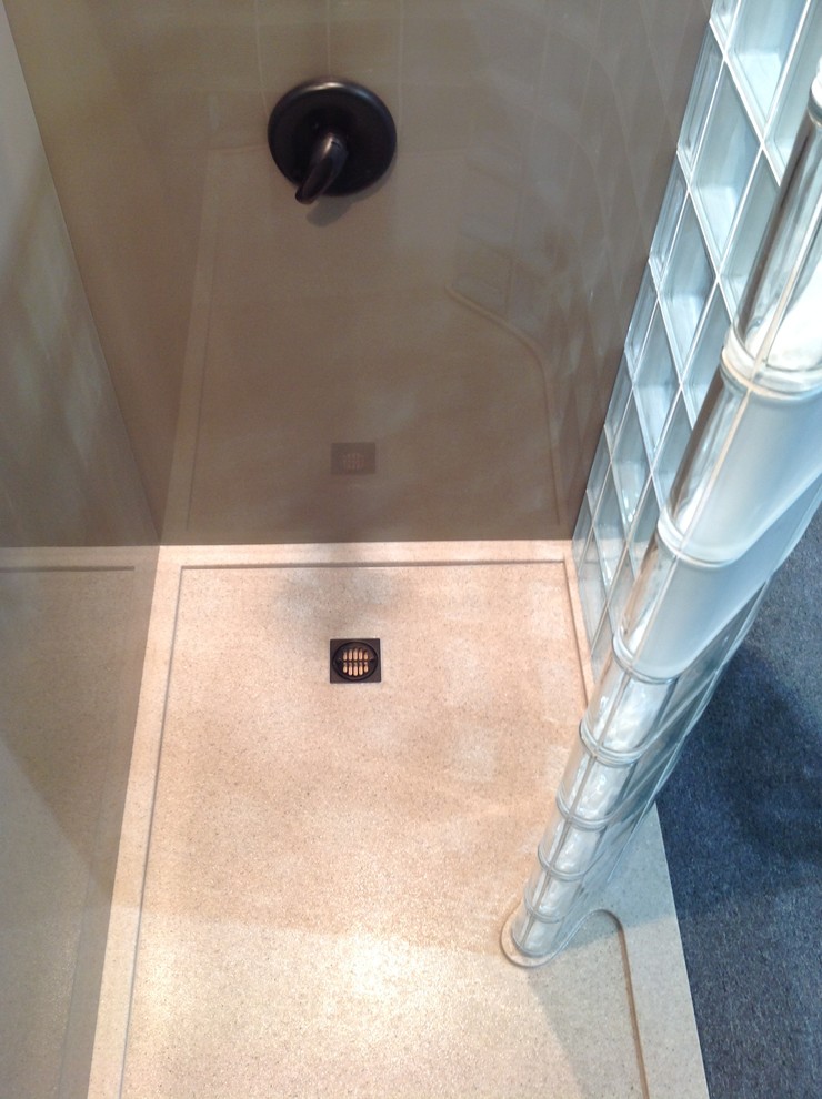 Modern glass block shower solid surface pan high gloss wall panels ...