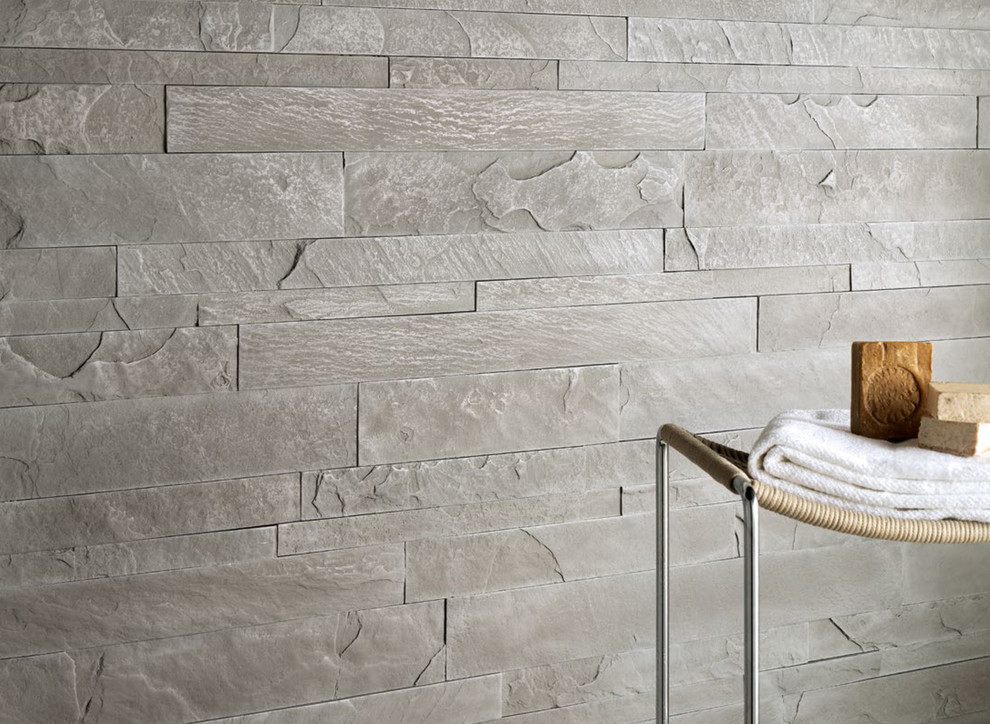 Modern grey bathroom with stone wall - Modern - Bathroom - Miami - by ...