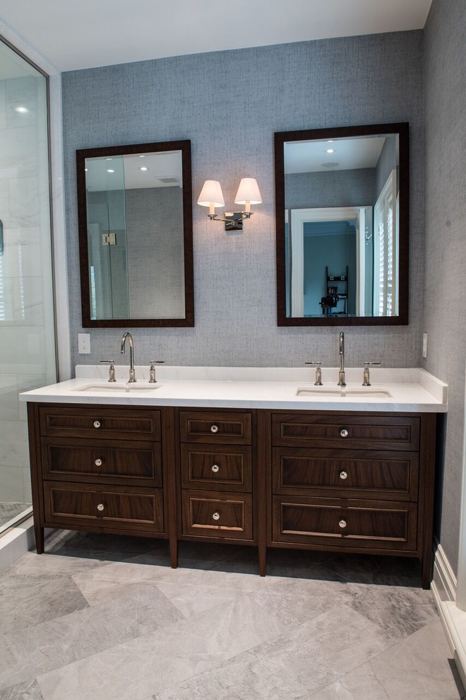 Modern Master Bathroom Renovation, Wall Mounted Mirrors, Marble Floor ...