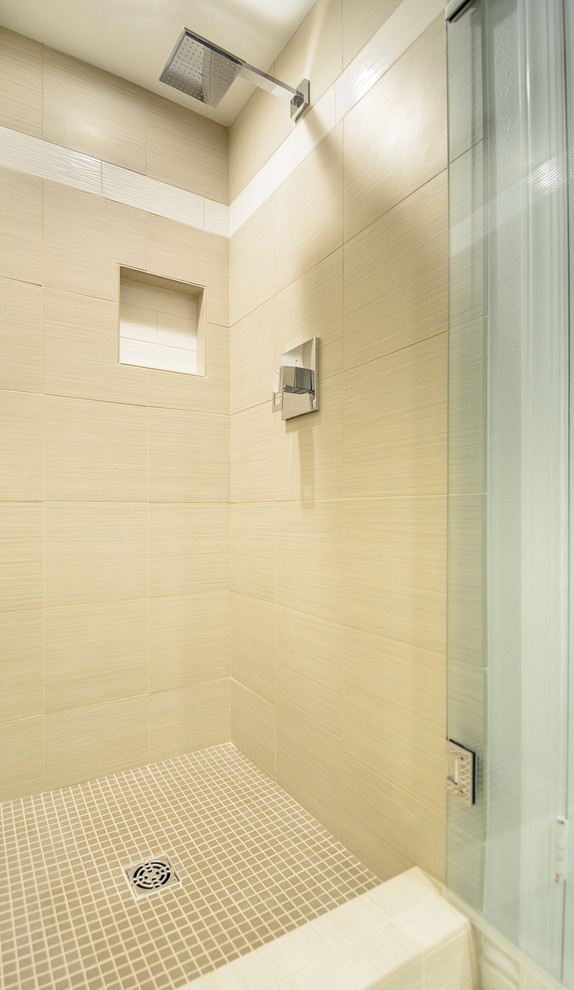 Modern Transitional Beige Wood Grain Tile Shower - Modern - Bathroom ...