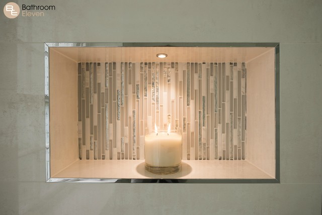 Mosaic Tiled Recess with Chrome Tile Trim and Spotlight. - Contemporary ...