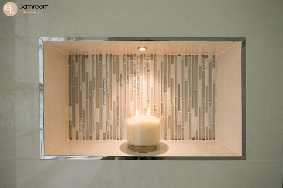 Mosaic Tiled Recess with Chrome Tile Trim and Spotlight. - Contemporary ...