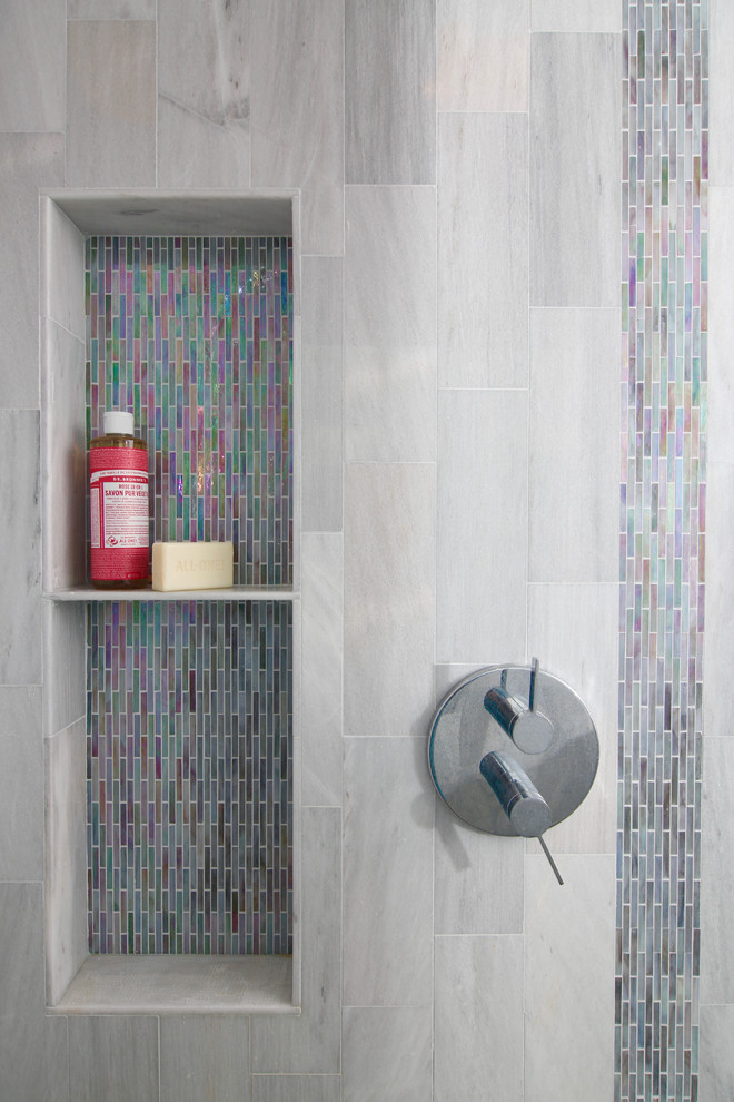 Multi-color glass tile in modern porcelain shower. - Modern - Bathroom ...